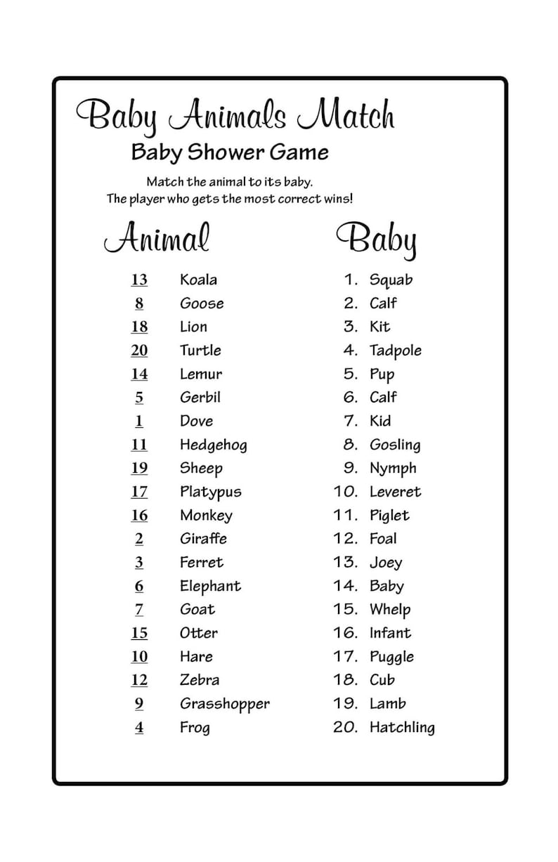 Baby Animals Match Game Printable Baby Shower Game Baby | Etsy