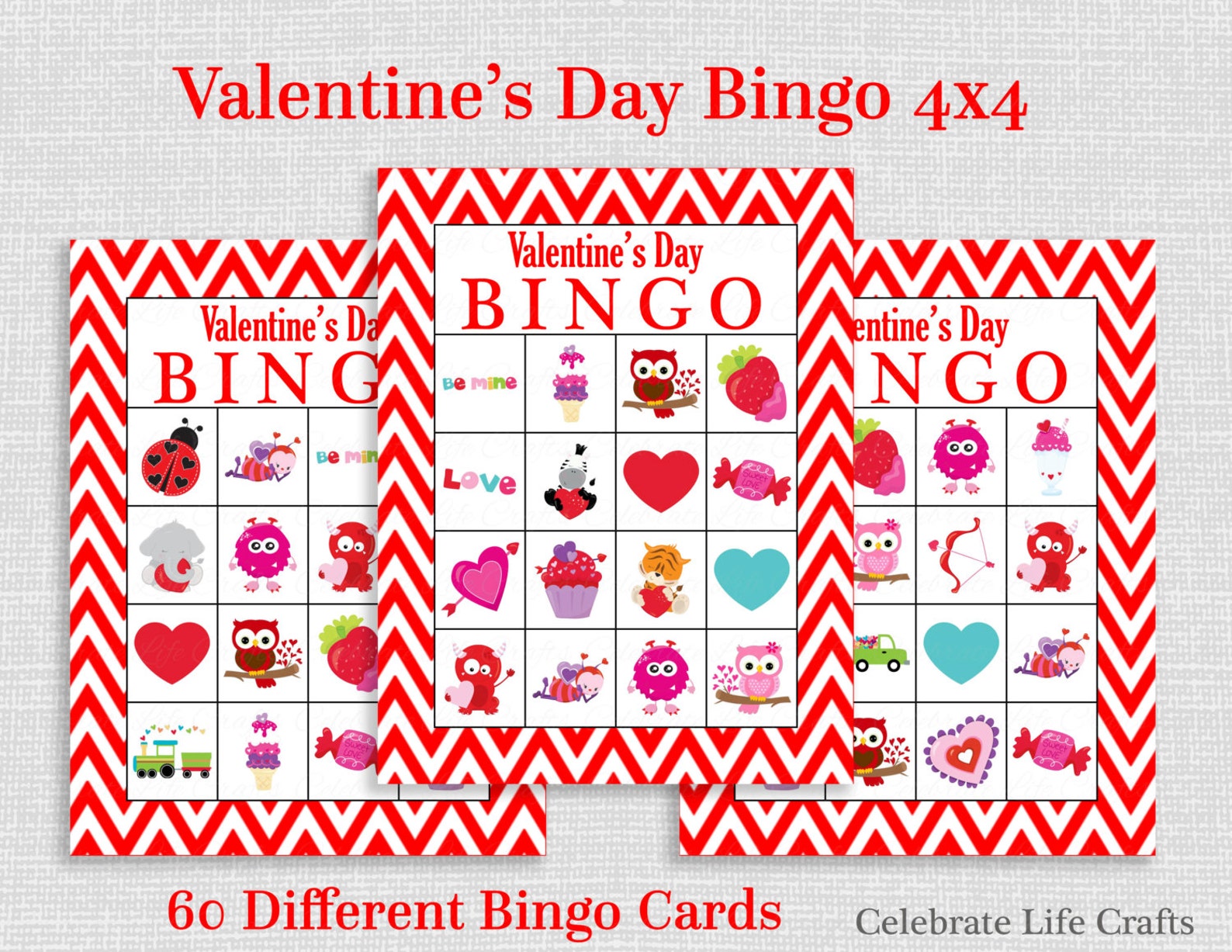 San Valentín Bingo juego - 60 San Valentín para imprimir tarjetas de ...