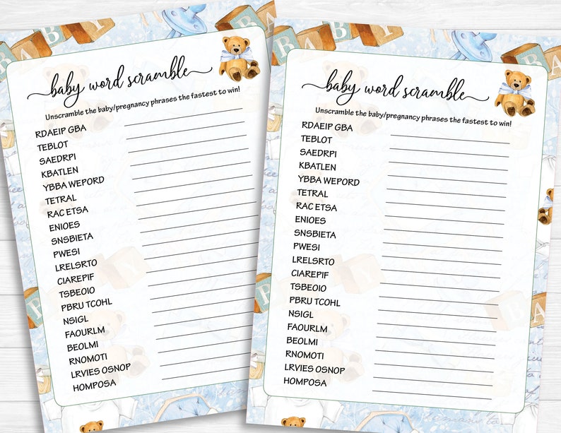 Baby Shower Word Search Game Printable Baby Shower Games Blue Teddy ...
