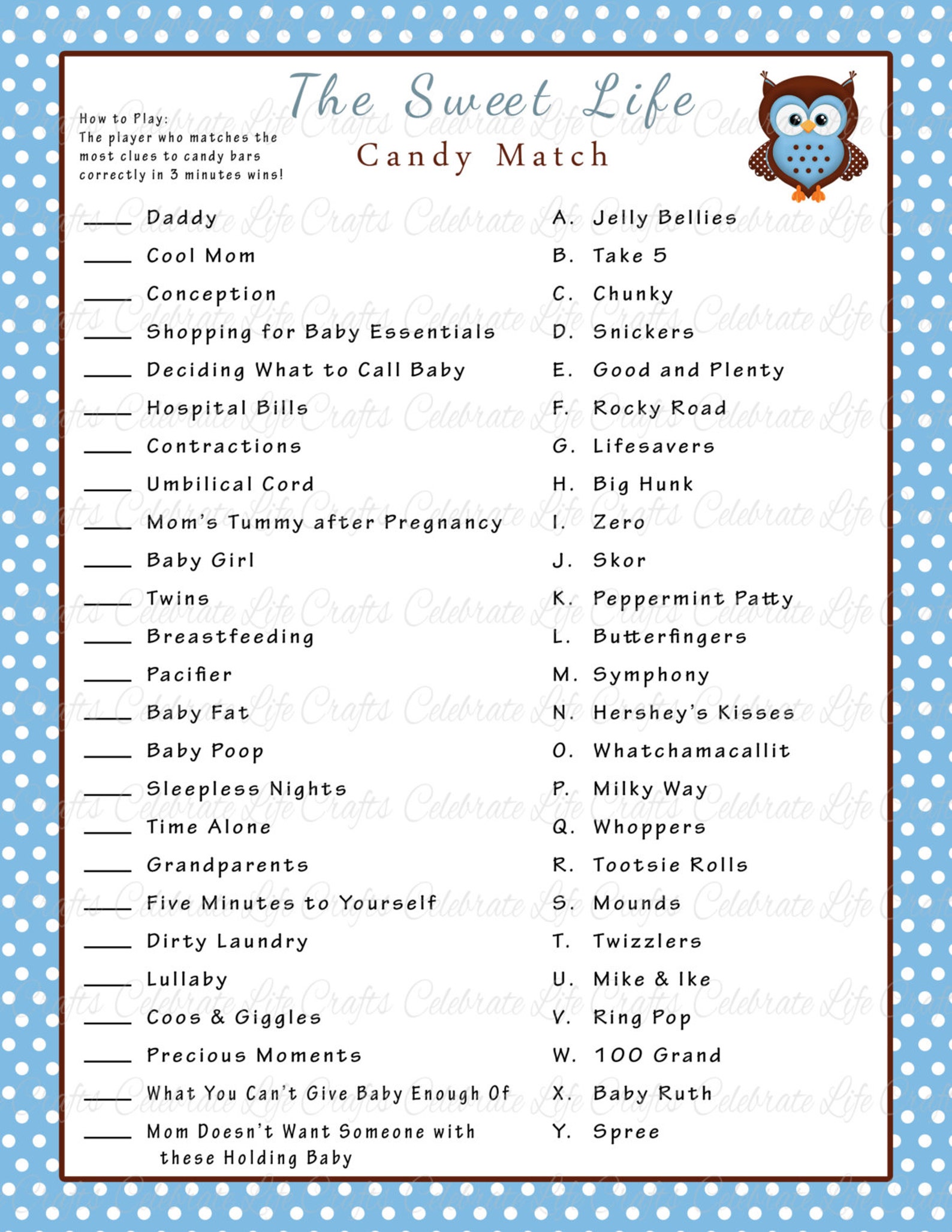 Baby Shower Sweet Life Candy Bar Match Game Printable Baby Shower Games ...