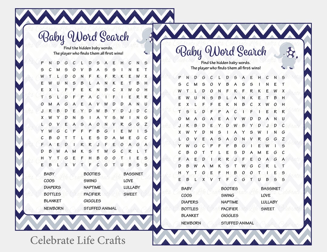 Baby Shower Word Search Game - Printable Baby Shower Games - Navy Blue ...