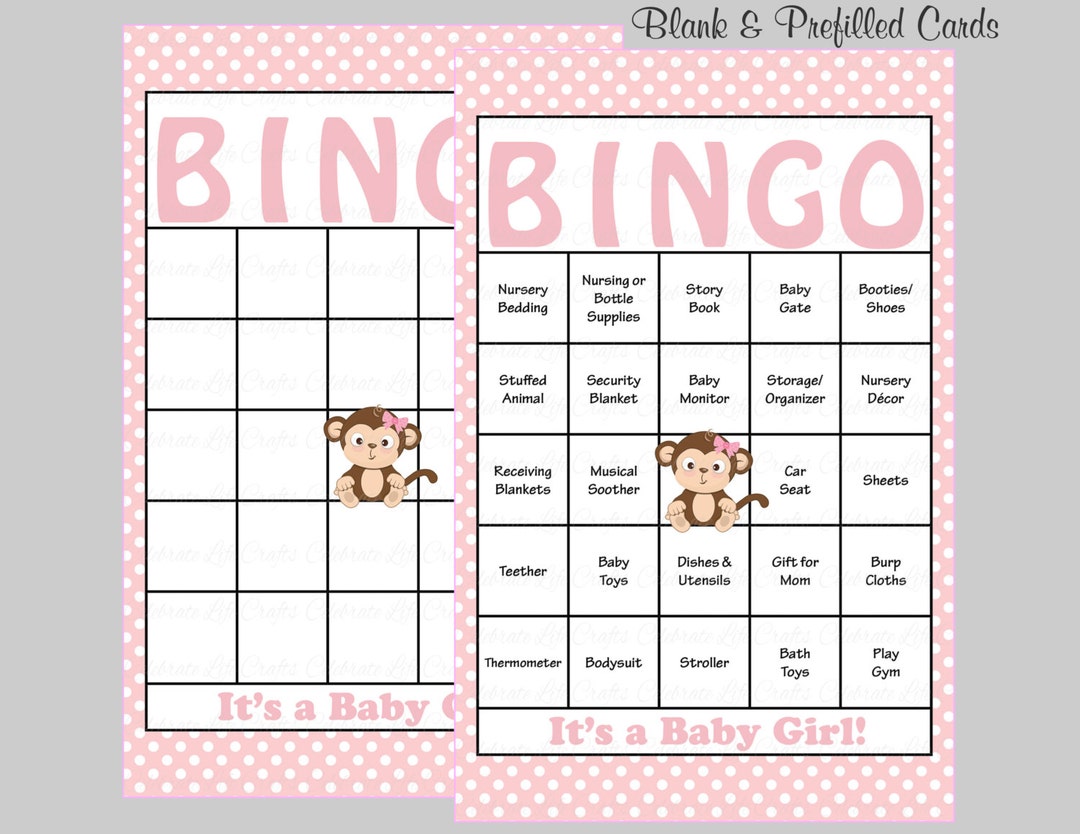 60 Monkey Baby Shower Bingo Cards Prefilled Bingo Card Girl Baby Shower ...