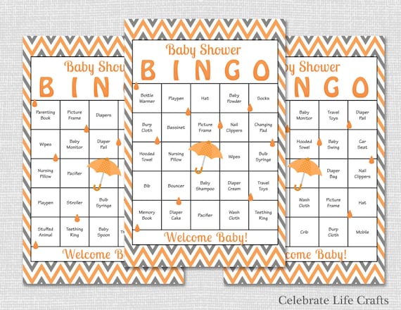 100 Orange Baby Shower Bingo Cards Download - Printable Baby Shower ...