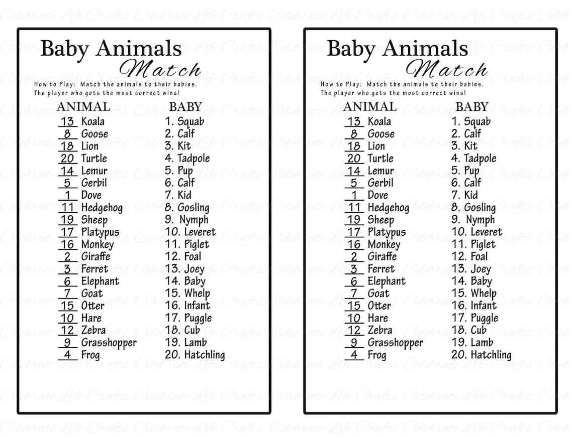 Baby Shower Baby Animals Match Game DIY Printable Match Mama and Baby ...