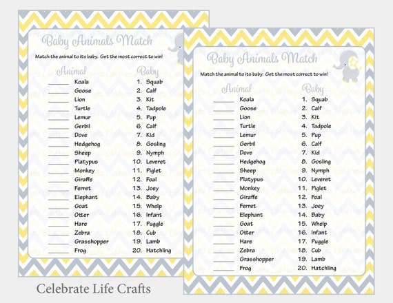Baby Animals Match Baby Shower Game & Answers - Printable Baby Shower ...