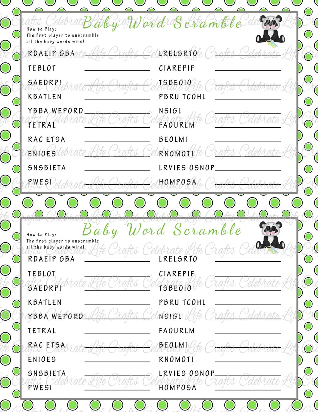 Baby Shower Word Scramble Game Printable Baby Shower Games Lime Panda ...