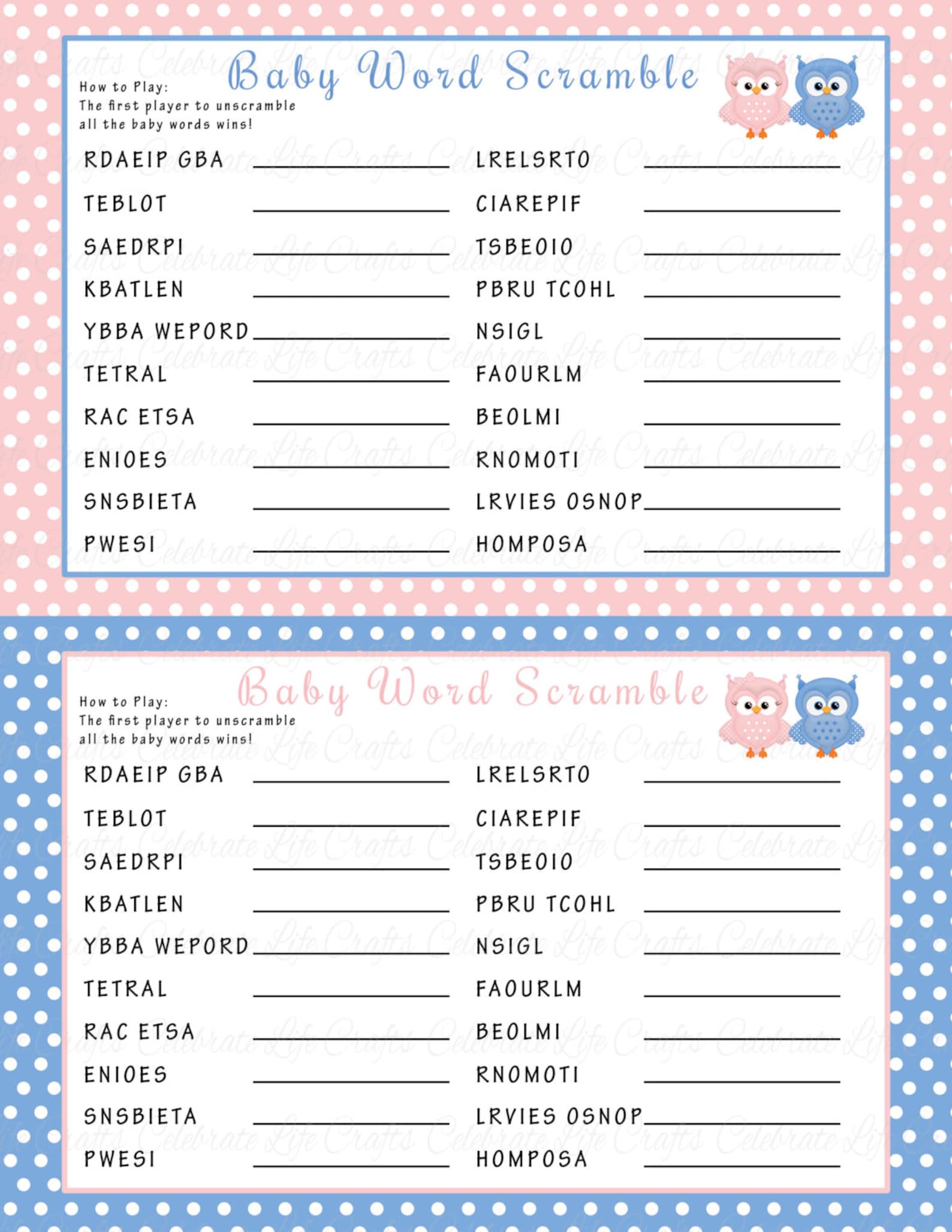 Baby Shower Word Scramble Game Printable Baby Shower Games Pink Blue ...