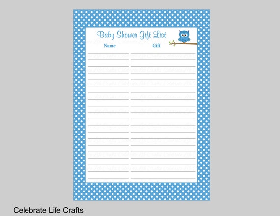 Owl Baby Shower Gift List - Printable Baby Shower Gift Record Sheet for ...