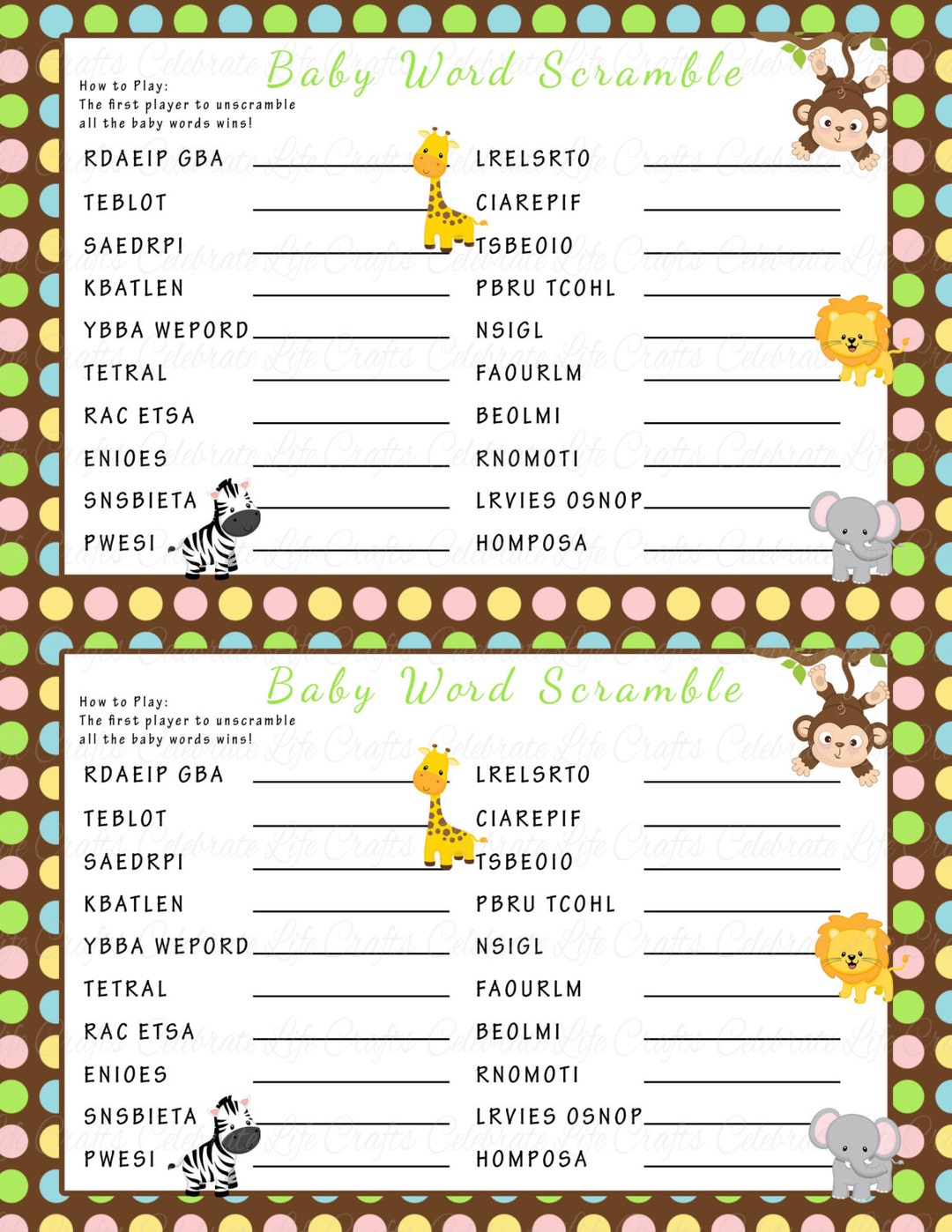 Baby Shower Word Scramble Game - Printable Baby Shower Games - Jungle ...