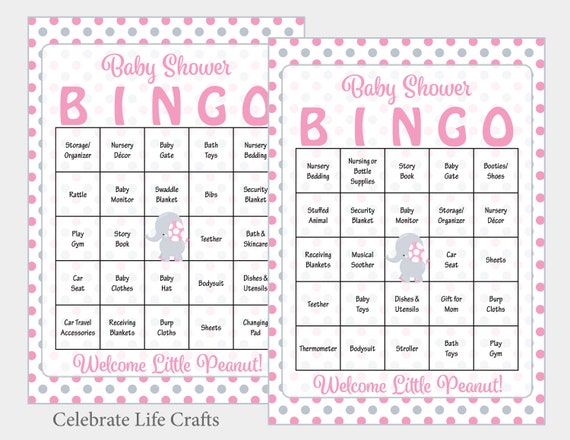 60 Elephant Baby Shower Bingo Cards - Printable Bingo Cards - Girl Baby ...
