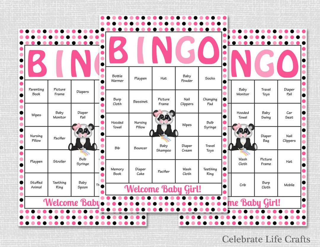 100 Pink Panda Baby Shower Bingo Cards - Printable Baby Shower Games ...