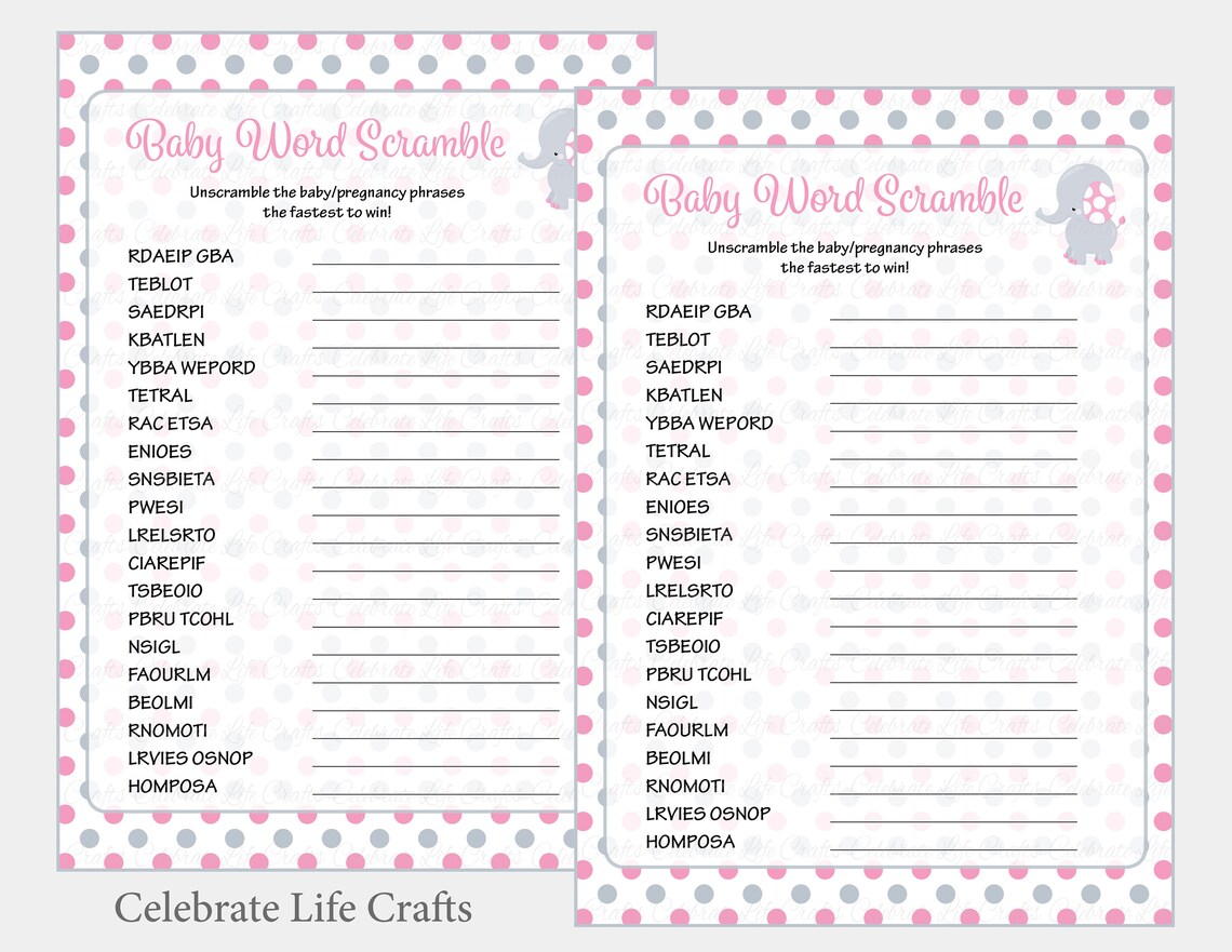 Elephant Baby Shower Game Word Scramble Game Printable Baby Shower ...