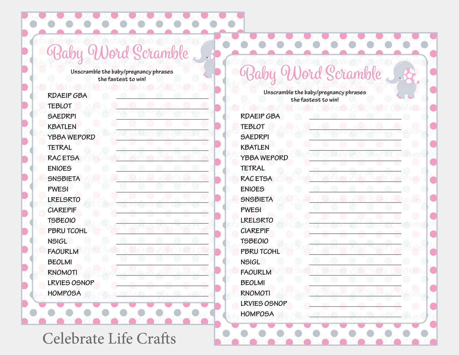 Elephant Baby Shower Game Word Scramble Game Printable Baby Shower ...