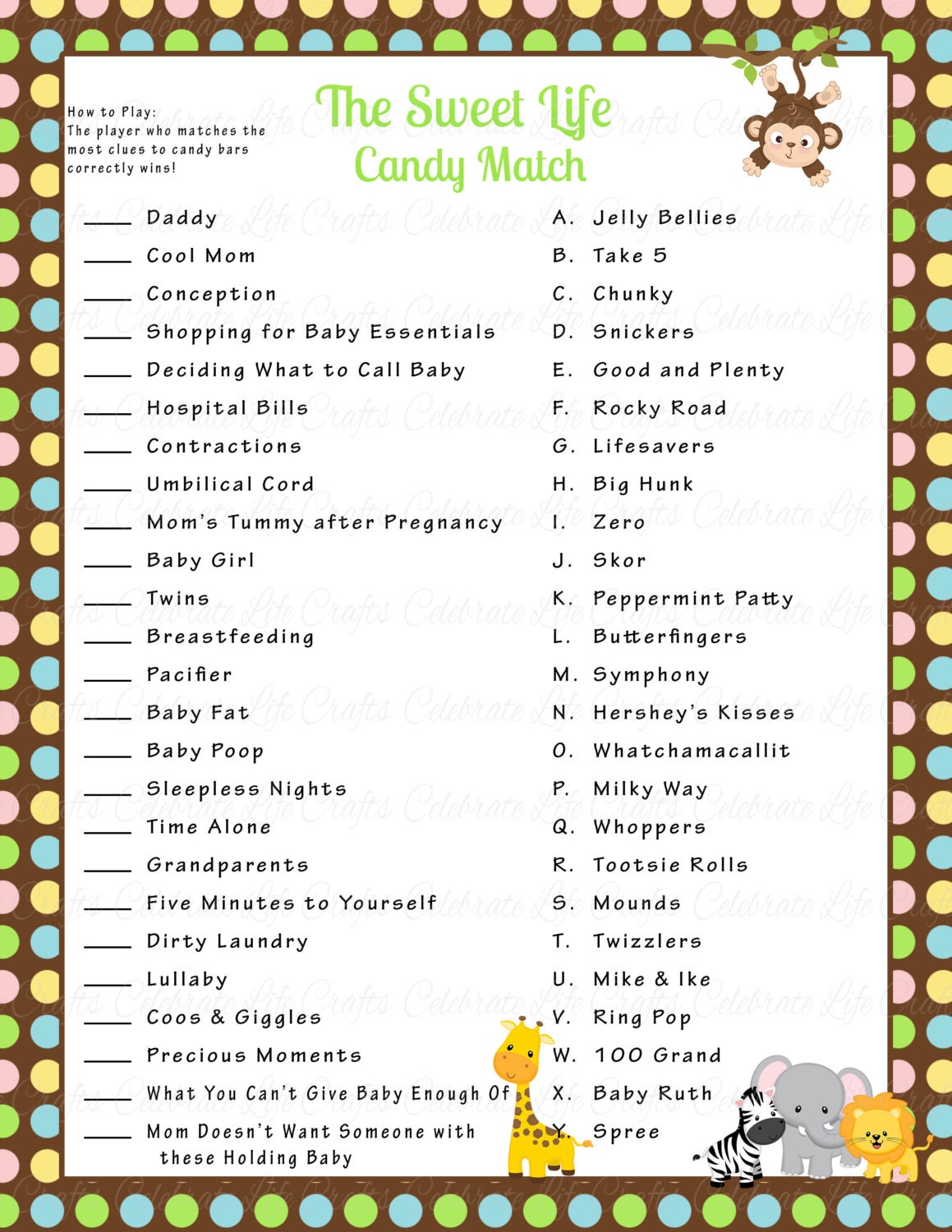 Printable Baby Shower Games Candy Bars