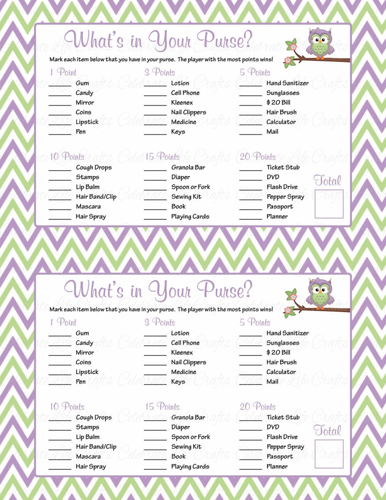 What's in Your Purse Baby Shower Game Printable Owl Baby - Etsy