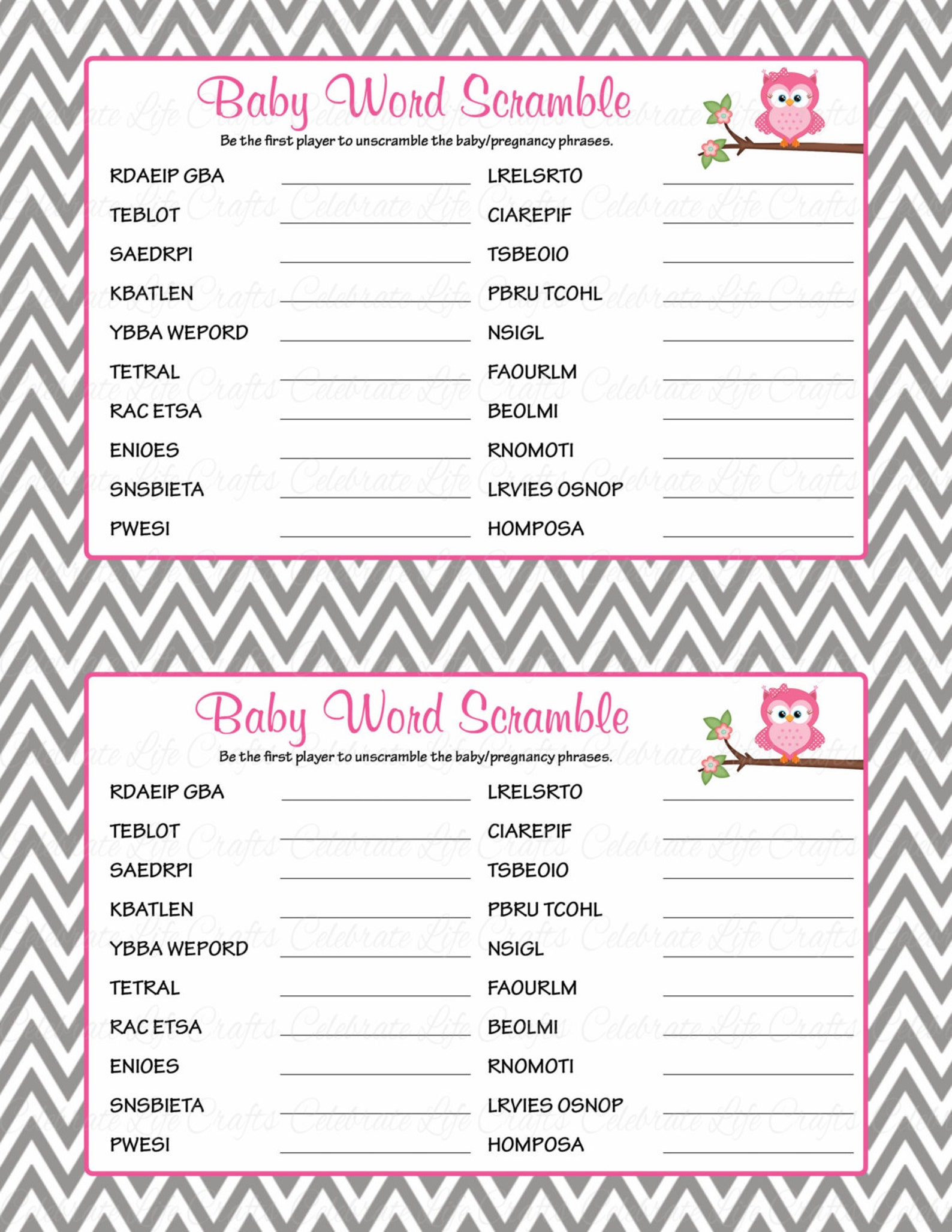 Baby Shower Word Scramble Game & Answer Key Printable Baby Shower Games ...
