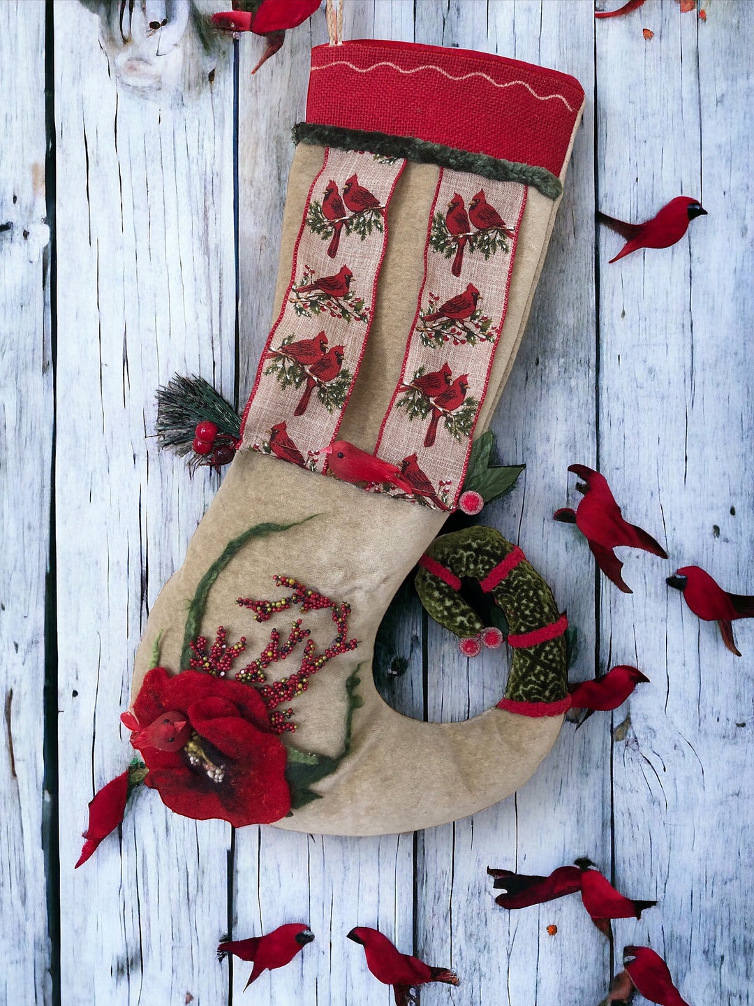 Christmas Stocking, Elf Stocking, Christmas Decor, Red Cardinals , Red ...