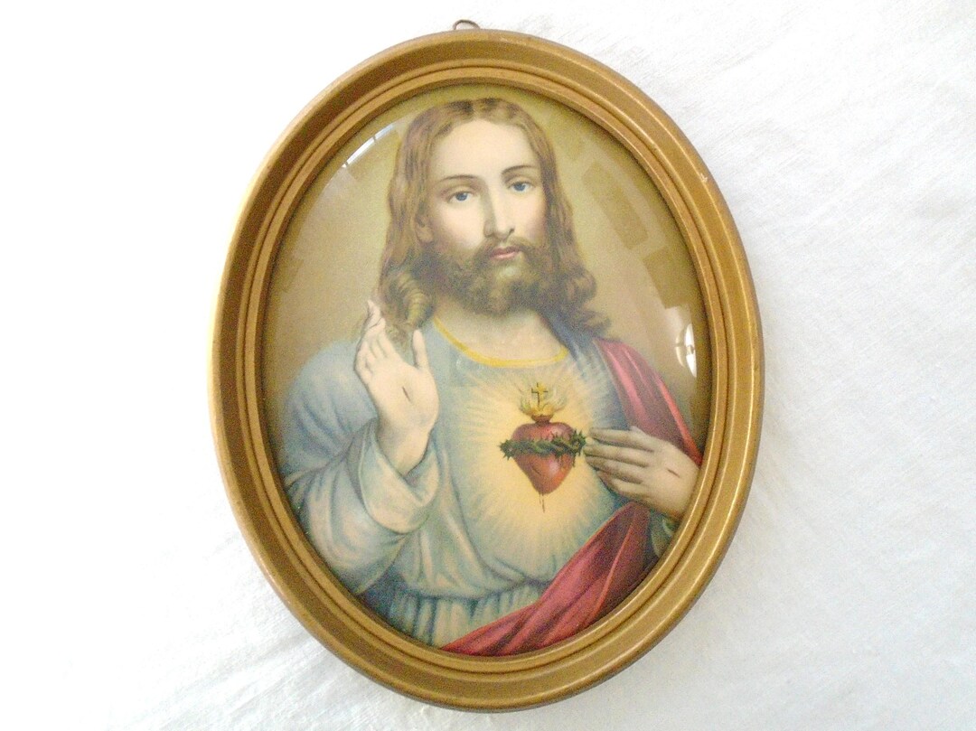 Vintage Sacred Heart of Jesus in Curved Glass Frame Peter Watson Studio ...