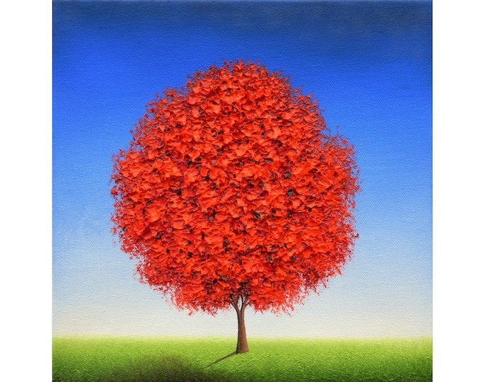 Textured Wall Art, ORIGINAL Oil Painting, Red Tree Painting, Bright ...