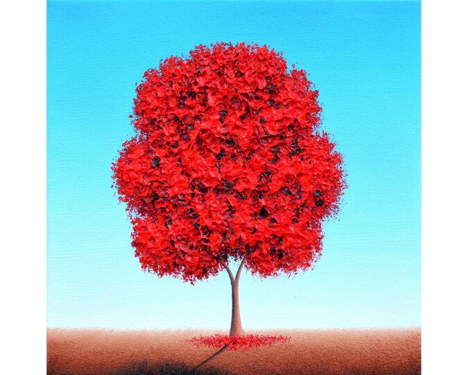 Textured Wall Art, ORIGINAL Oil Painting, Red Tree Painting, Bright ...
