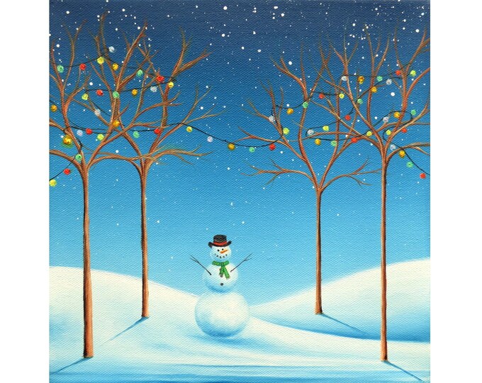 Snowman Painting, Christmas Oil Painting, Snowy Winter Scene, Starry ...