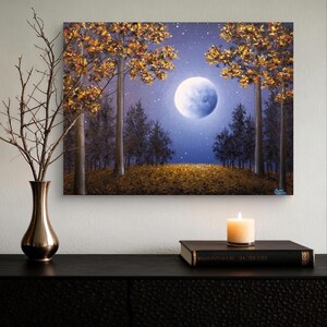 Autumn Forest Painting, Full Moon Fall Landscape, Mystical Moody ...