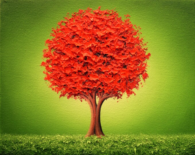 Original Oil Painting, Red Tree Painting, Canvas Artwork, Impasto ...