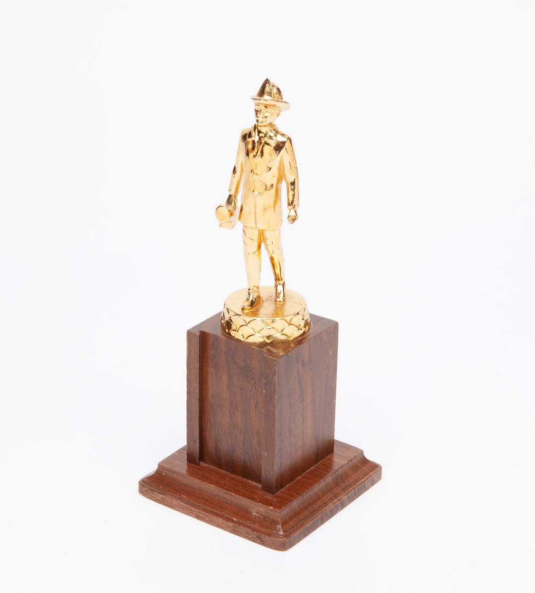 FIREMAN TROPHY - - Goldtone Firefighter on Walnut Pedestal Base ...