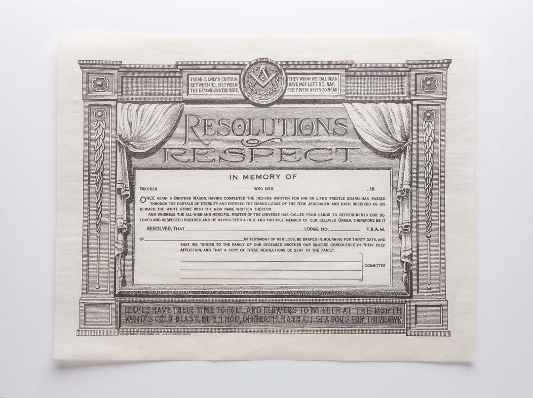 Masonic "resolutions OF Respect" - Vintage Death Certificate - Unused ...