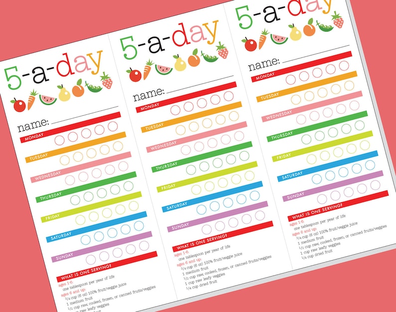 Healthy Eating Chart for Kids 5-a-day Printable | Etsy