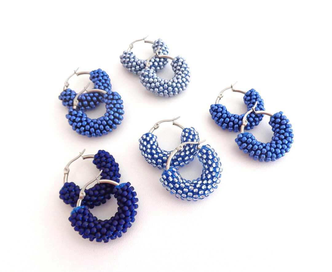Blue Little Hoop Earrings, Dark Blue Earrings, Egyptian Blue Beaded ...
