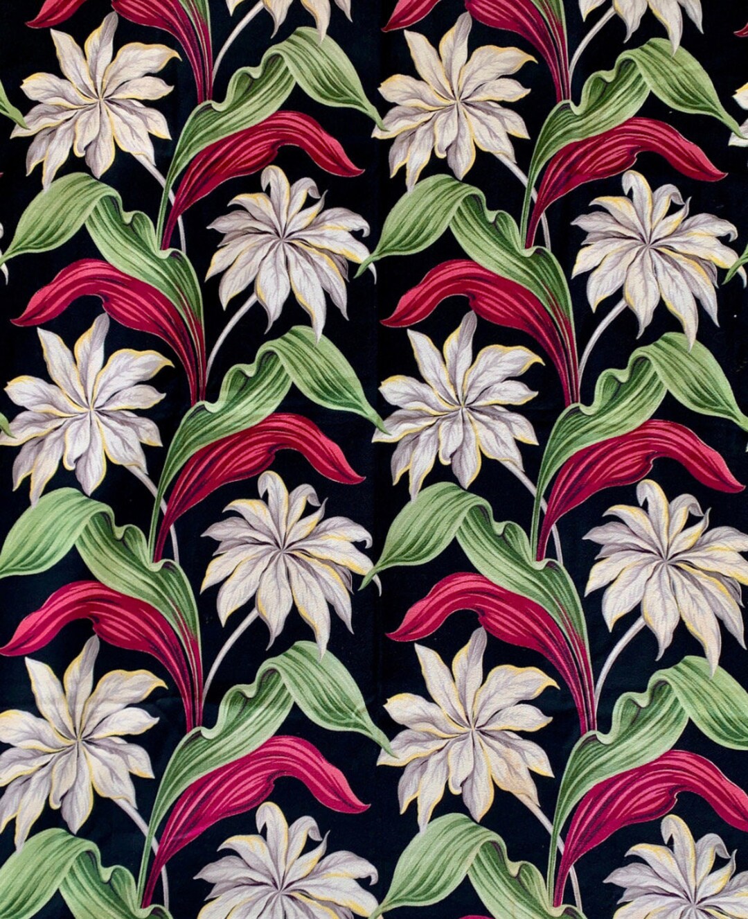 Vintage Barkcloth Fabric Panel BLACK Tropical Flowers and Leaves - Etsy