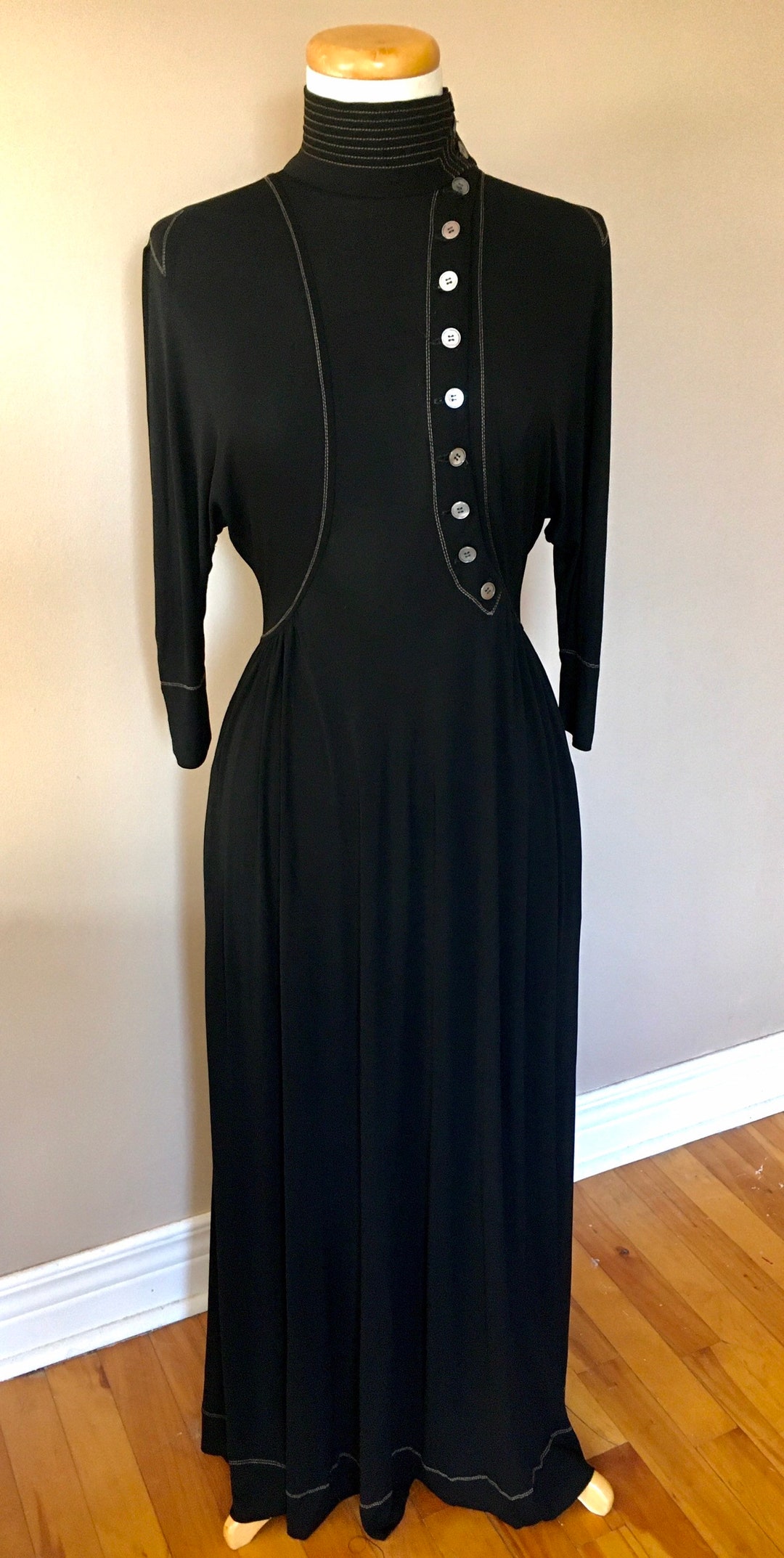 Jean Muir Vintage Black Top Stitch Full Length Dress - Etsy