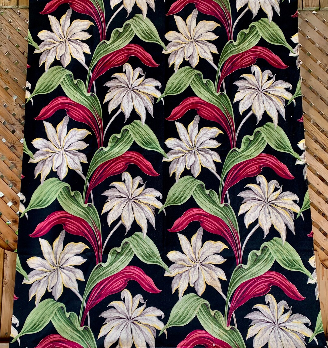 Vintage Barkcloth Fabric Black With Tropical Flowers - Etsy