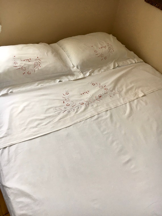 Vintage Red Work Embroidery Sheet Set Buon Riposo - Etsy