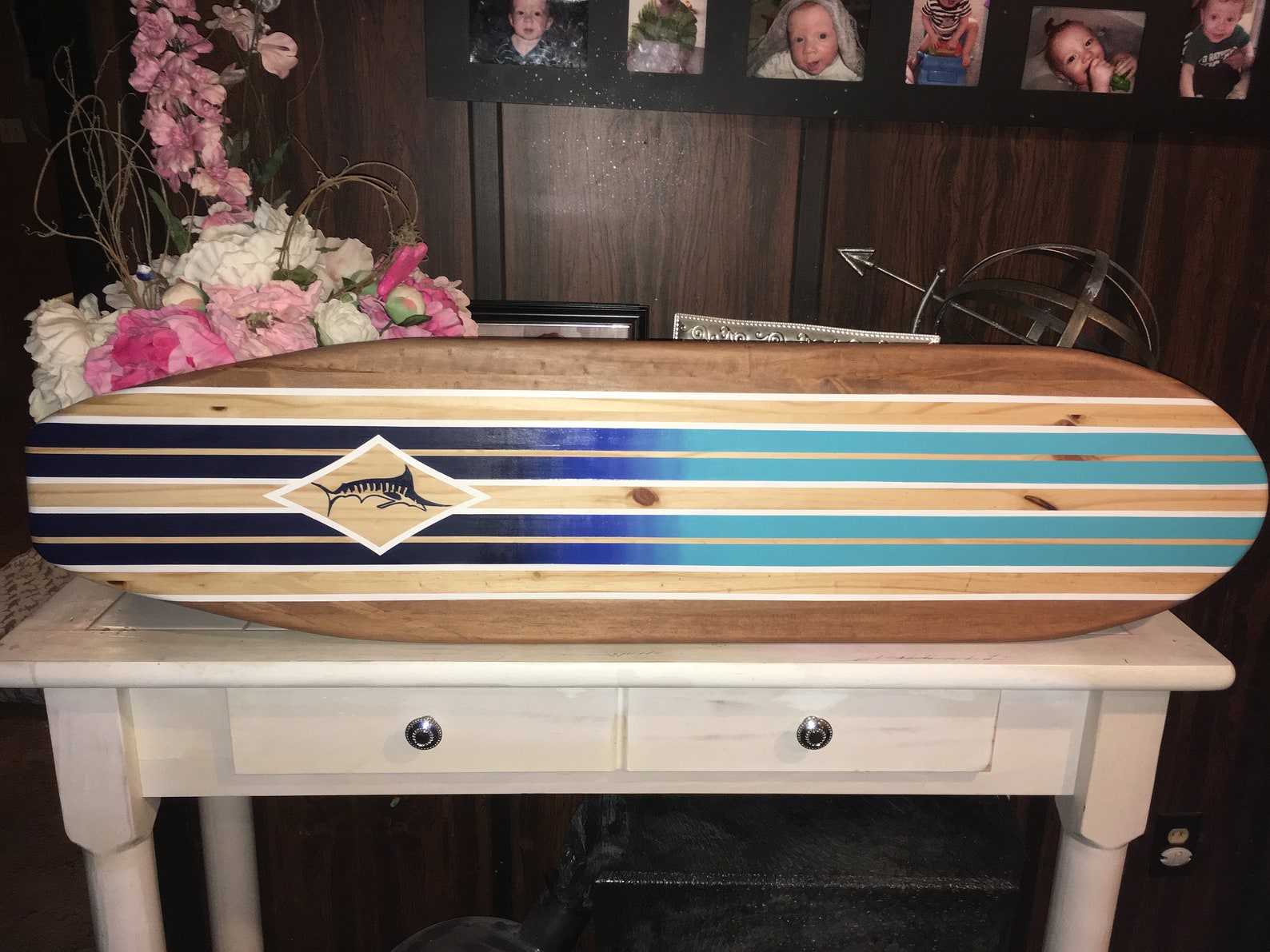 4 Foot Wood Surfboard Wall Art With Ombre Stripes and Diamond - Etsy