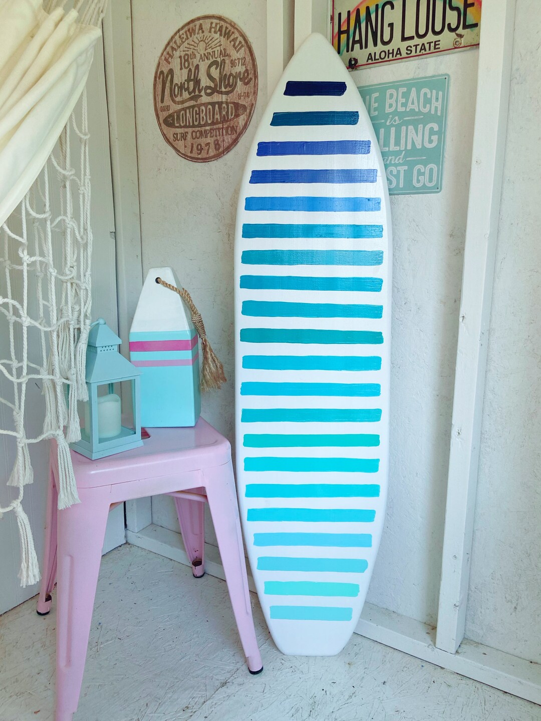 4 Foot Wood Surfboard Wall Art White With an Ombre of Blue Swipes - Etsy