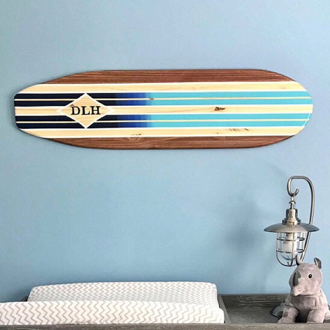 4 Foot Wood Surfboard Wall Art With Ombre Stripes and Diamond Design ...