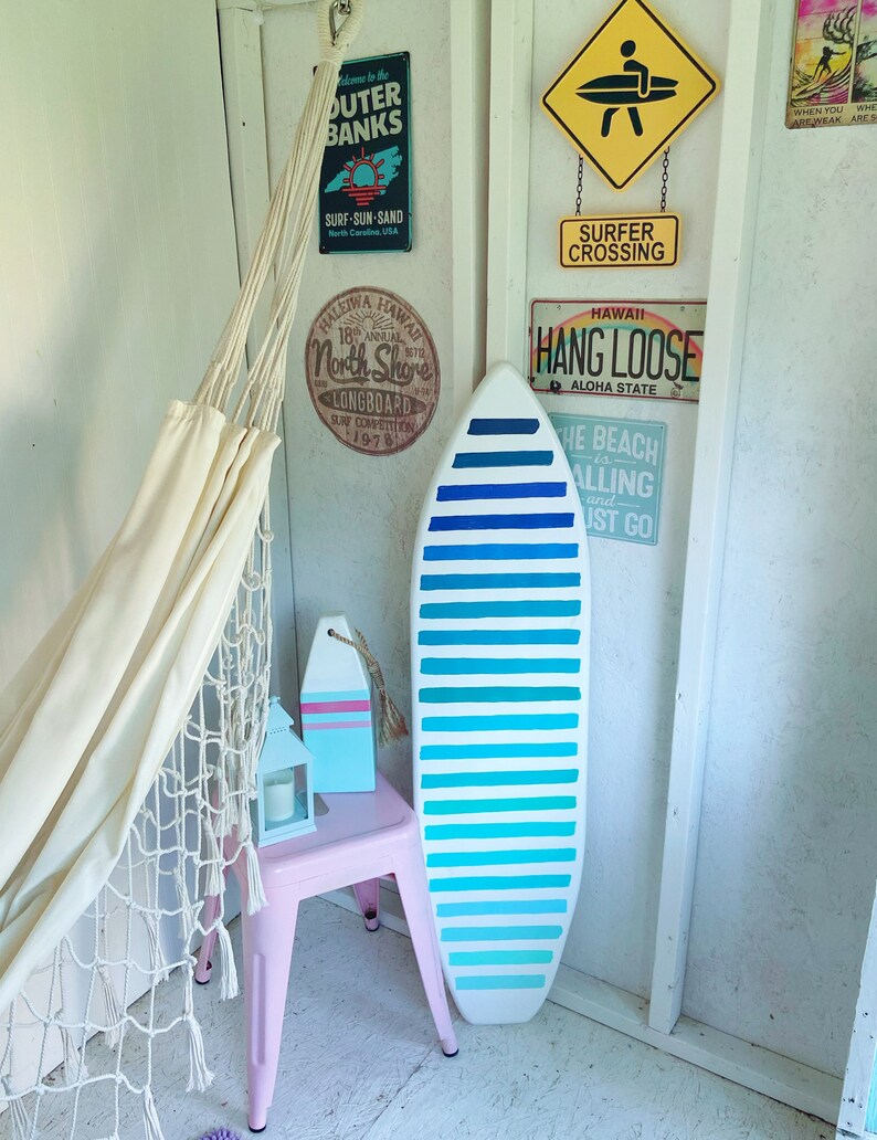 4 Foot Wood Surfboard Wall Art White With an Ombre of Blue Swipes - Etsy