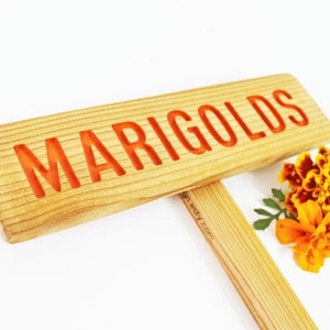 Flower Marker, MARIGOLDS Garden Sign, Orange Flowers, Wood Garden Plant ...
