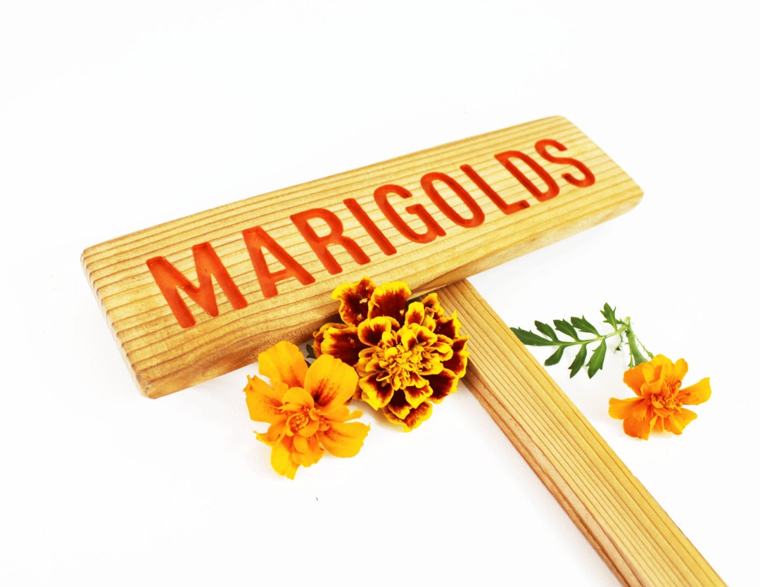 Flower Marker, MARIGOLDS Garden Sign, Orange Flowers, Wood Garden Plant ...