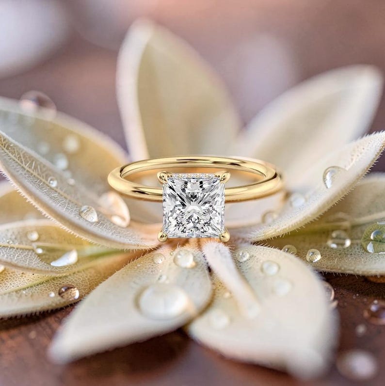 14K Gold Princess Cut Moissanite Diamond Ring, 1 CT 5 X 5 Mm Center ...
