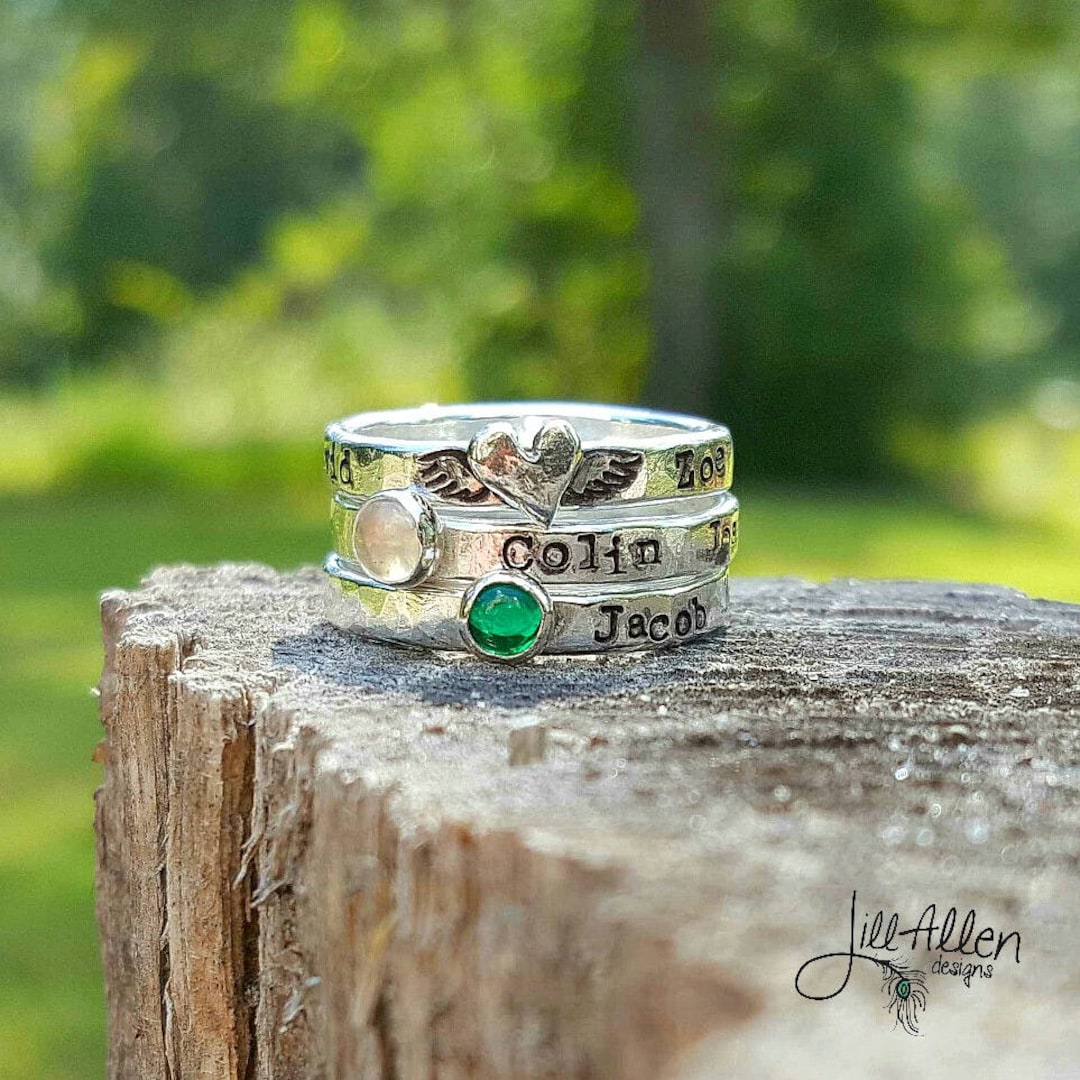 Mothers Ring Stackable, Custom Hand Stamped Ring, Mothers Birthstone Ring, Angel Heart Wing ...