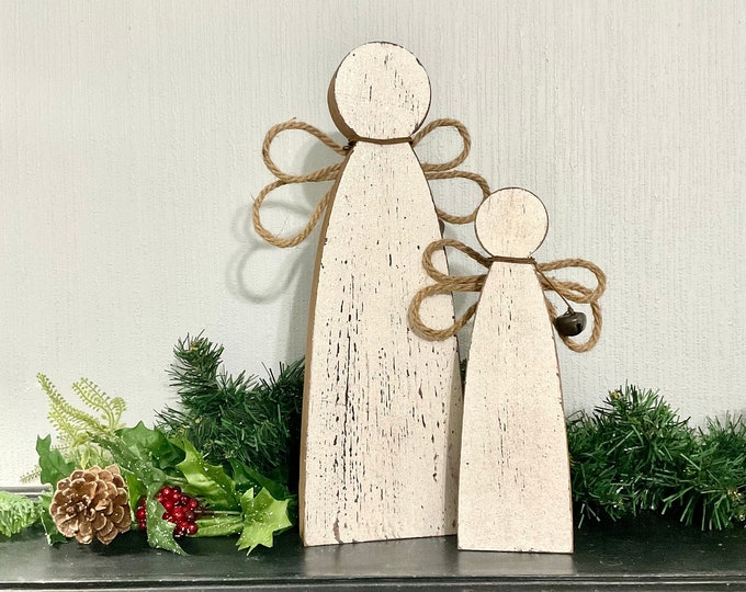 Pair Wooden Farmhouse Angel Shelf Sitters, Freestanding White ...