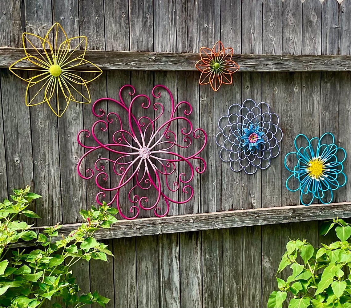 Hand-painted Iron Flower Set: Colorful Metal Garden Wall Decor - Etsy