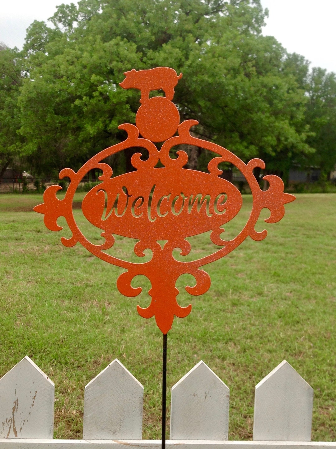 Silhouette Pig Welcome Sign Garden Stake 35" Tall - Orange Metal Word ...