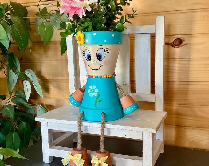 Clay Pot People Planter 'DAISY POTTER' / Medium Blue Flower Pot / Terra ...