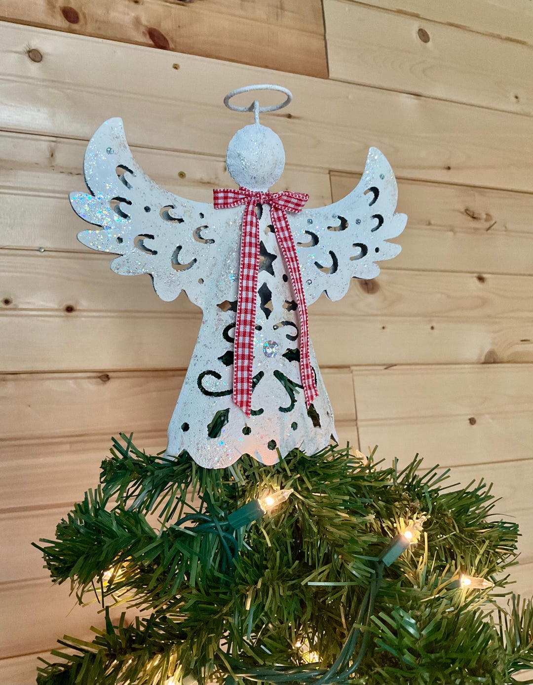 White Filigree Angel Tree Topper 7.5 Tall, Glistening White Metal Angel ...