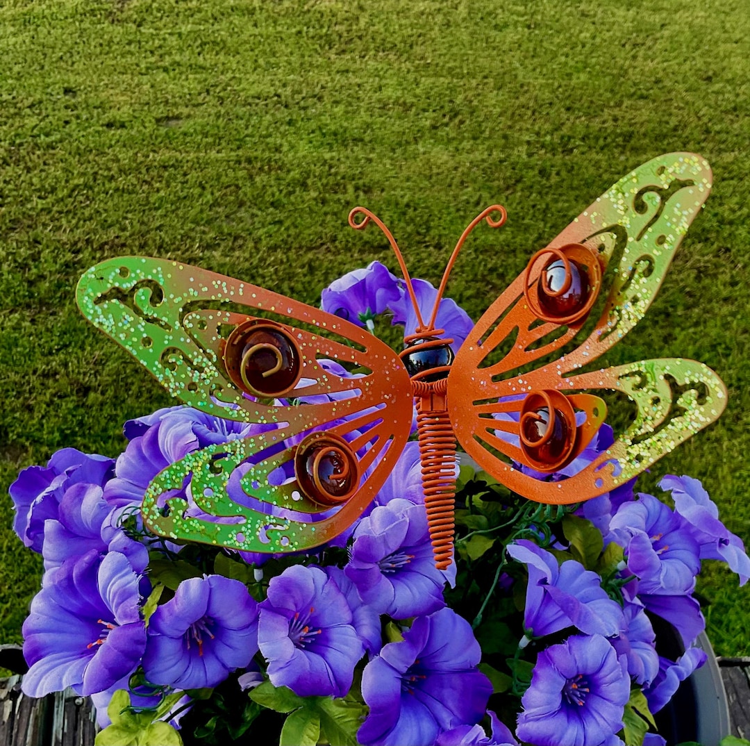Fluttering Orange/lime Dragonfly Flower Pot Stake-spring-wing Dragonfly ...