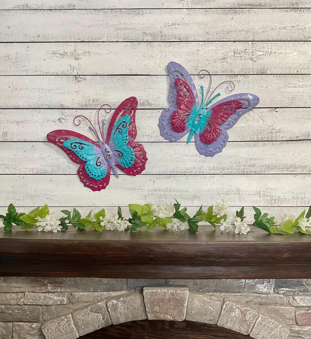 Set of 2 Large Double Wing Butterflies 14" W / Metal Ornate Butterfly ...